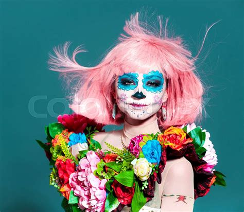 Undead Zombie Girl With Skeleton Mask On Face And Color Flower Suit