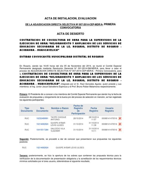 Acta De Desierto De Ads N 007 20147 De Supervision De Ie Rosario Pdf
