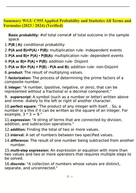 Summary WGU C Applied Probability And Statistics All Terms And Formulas