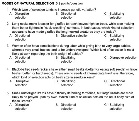 Solved MODES OF NATURAL SELECTION Points Question Chegg