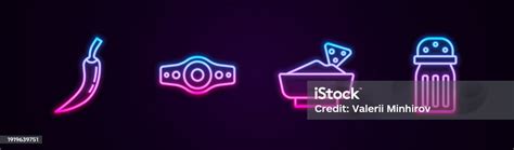 세트 라인 핫 칠리 페퍼 포드 레슬링 챔피언 벨트 나쵸 그릇 및 소금 빛나는 네온 아이콘입니다 벡터 Championship에