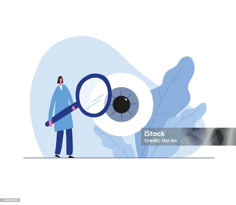 안과 의사는 고립 된 배경에 손으로 그린 눈 벡터 그림을 검사합니다 만화 스타일의 Oculist 캐릭터입니다 의학 및 건강 관리