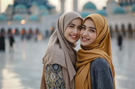Premium Ai Image Two Muslim Beautiful Woman Wears Hijab Smiling To