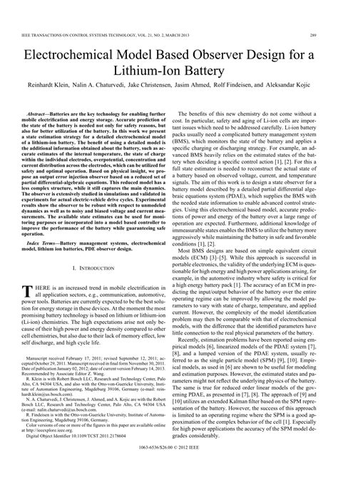 Pdf Electrochemical Model Based Observer Design For A Lithium Ion Battery
