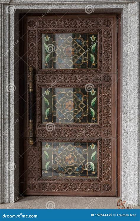 Dark Brown Wooden Door With Wood Engraving And Stained Glass Stock Image Image Of Architecture