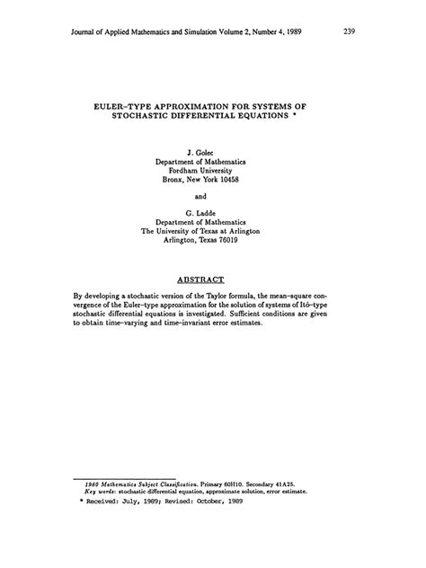 [pdf] Euler Type Approximation For Systems Of Stochastic Differential Equations