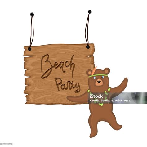 벡터에 비문 해변 파티와 나무 간판 근처 곰 만화 일러스트레이션 간판에 대한 스톡 벡터 아트 및 기타 이미지 간판 갈색 곰 Istock