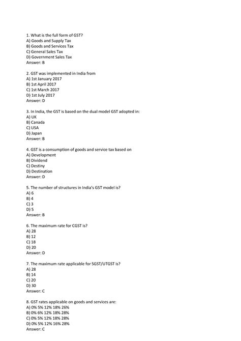 Good And Service Tax MCQ What Is The Full Form Of GST A Goods And