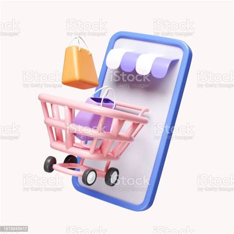 3d 쇼핑백 쇼핑 카트 및 스마트 폰 온라인 쇼핑 개념입니다 아이콘은 흰색 배경에 분리되어 있습니다 3d 렌더링 그림입니다 클리핑 패스 3차원 형태에 대한 스톡 사진 및
