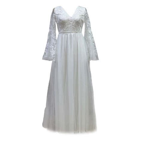 Dvkovi Ball Gown Bridal Dress Womens V Neck Mesh Lace Long Sleeved