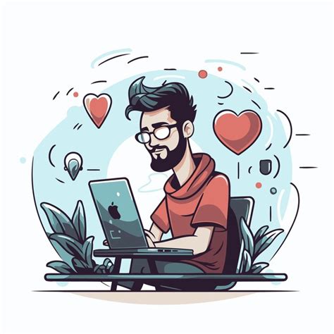 Premium Vector Hipster Man Working On Laptop At Home Vector Illustration