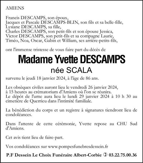 Madame Yvette Descamps Née Scala Pompes Funèbres Dessein
