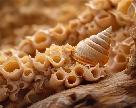 Close Up Of Snail Shell With Detailed Patterns And Organic Textures Natural Background Blur