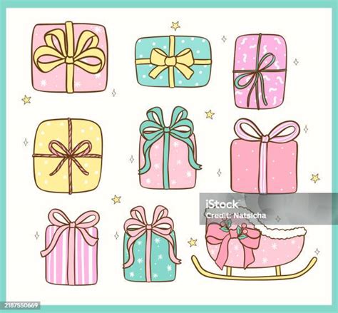 파스텔 요괴 크리스마스 선물 선물 상자와 썰매 핑크와 민트 그린 낙서 세트 손으로 그린 개성 개념에 대한 스톡 벡터 아트 및 기타 이미지 개성 개념 겨울 귀여운
