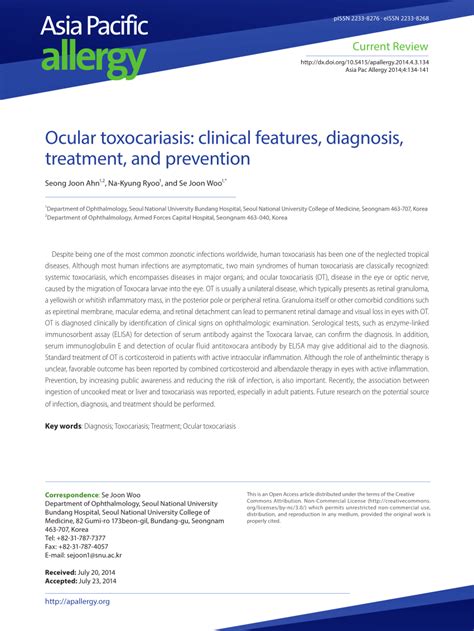 Pdf Ocular Toxocariasis Clinical Features Diagnosis Treatment And Prevention