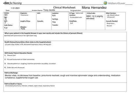 Fundamental Vsim Mona Hernandez Clinical Worksheet Fundamental Vsim Mona Hernandez Clinical