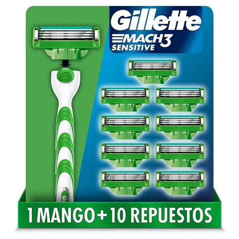 Rastrillo Gillette Mach3 Sensitive 1 Mango 10 Repuestos Con Aloe A