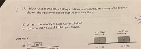 Solved 17 Block A Slides Into Block B Along A Frictionless Chegg Com