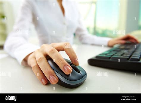 Image Of Female Hands Pushing Keys Of A Computer Mouse And Keyboard Stock Photo Alamy