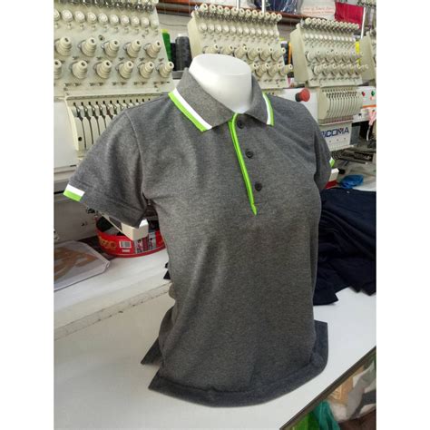 เสื้อโปโลเทาท็อปเข้ม ปกขลิบเขียวขาว แขนจั๊มครึ่ง Polo ทรงชาย หญิง