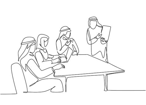 Premium Vector One Continuous Line Drawing Of Muslim Businessmen Offered New Business Plan By