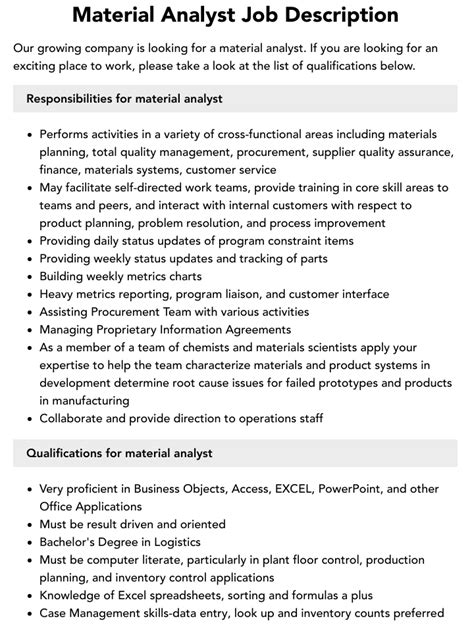 Material Analyst Job Description Velvet Jobs