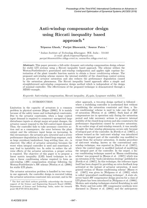 Pdf Anti Windup Compensator Design Using Riccati Inequality Based Approach ⁎ ⁎the First And