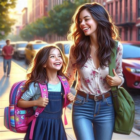 Mom And Daughters First Day Back To School Premium Ai Generated Image