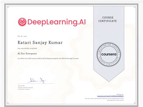 completed ai for everyone course by deeplearning ai katari sanjay