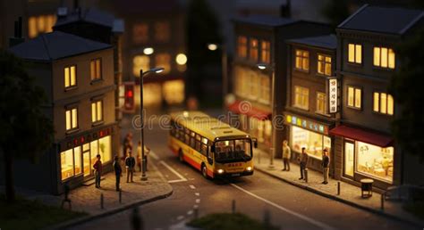 Miniature Urban Scene At Night Features A Small Yellow Bus Navigating A