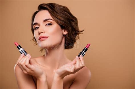 Photo Of Tempting Seductive Woman Naked Shoulders Choosing Pomade Empty