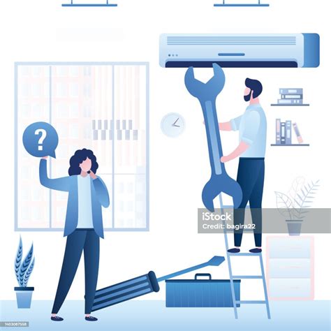 도구를 가진 작업자는 분할 시스템을 수리합니다 직원이 아파트에 온도 조절 장치를 설치합니다 개념에 대한 스톡 벡터 아트 및 기타 이미지 Istock