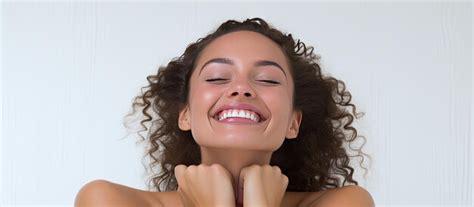 Premium Ai Image Smiling Young Woman With Bare Shoulders Poses