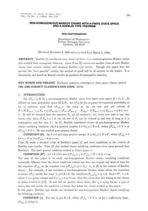 Pdf Non Homogeneous Markov Chains With A Finite State Space And A