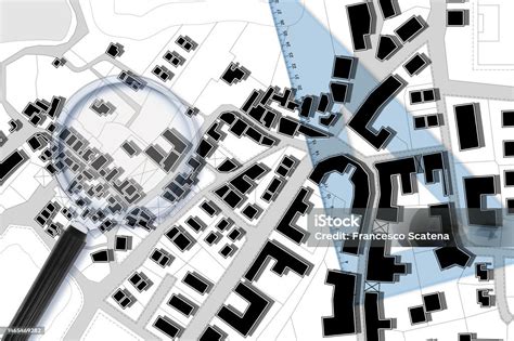 건물 들판 및 도로가 있는 영토의 가상 지적 지도 위에 사각형과 돋보기를 설정한 플라스틱 복사 공간이 있는 3d 렌더링 개념 0명에 대한 스톡 벡터 아트 및 기타 이미지