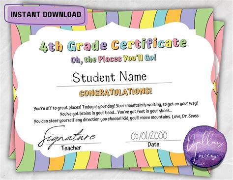 Oh The Places Youll Go Dr Seuss 4th Grade Certificate Digital Download Etsy