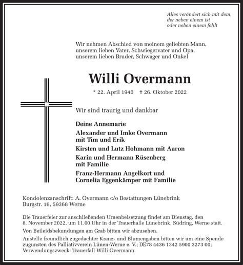 Traueranzeigen Von Willi Overmann Sich Erinnern De