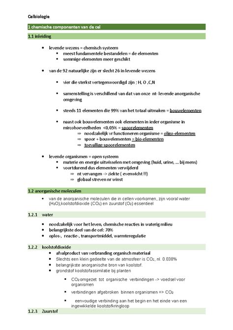 Celbiologie Inleiding Celbiologie 1 Chemische Componenten Van De