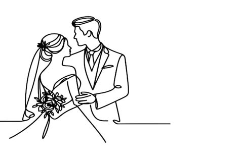 One Continuous Single Drawing Black Line Art Doodle Wedding Couple Bride And Groom Outline