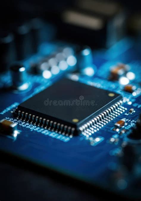 Close Up Of A Microchip On A Blue Circuit Board Stock Image Image Of Assembly Technology