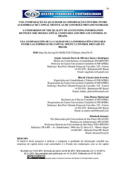 Pdf Uma Comparação Da Qualidade Da Informação Contábil Entre As
