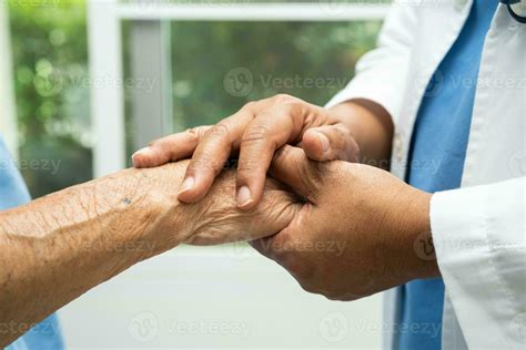 Caregiver Holding Hands Asian Elderly Woman Patient With Love Care