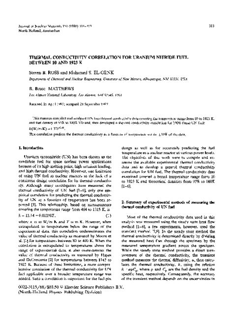 Pdf Thermal Conductivity Correlation For Uranium Nitride Fuel Between