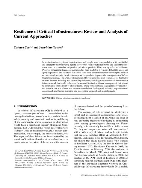 Pdf Resilience Of Critical Infrastructures Review And Analysis Of