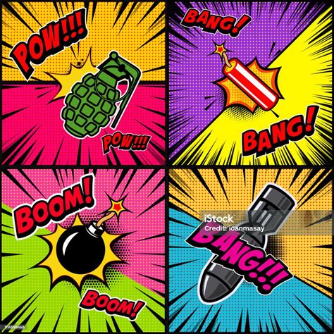 만화 스타일 폭탄 폭발의 집합입니다 포스터 전단지 카드 배너에 대 한 요소를 디자인 합니다 개념에 대한 스톡 벡터 아트 및 기타 이미지 Istock