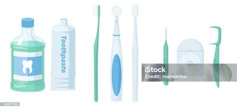 치과 청소 도구 구강 관리 및 위생 제품 칫솔 치약 구강 청결제 혀 브러시 및 치실 양치질 흰색에 격리 된 평면 만화 스타일의