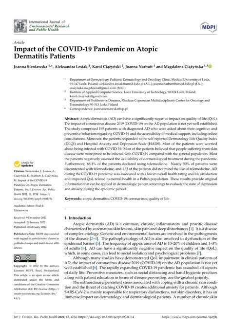 Pdf Impact Of The Covid 19 Pandemic On Atopic Dermatitis Patients