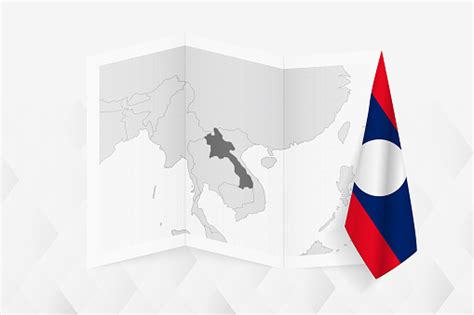 한쪽에 라오스 국기가 걸려 있는 라오스의 회색조 지도 다양한 유형의 뉴스에 대한 벡터 맵입니다 교육에 대한 스톡 벡터 아트 및