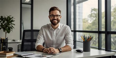 Professional Office Setting With Smiling Man And Yellow Book Generated