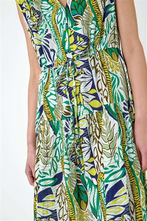 Lime Leaf Print Tiered Woven Dress Roman UK